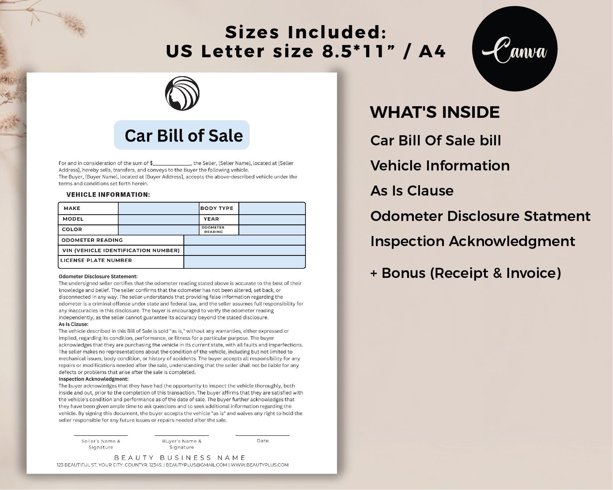 Motor Vehicle Bill of Sale, Auto Bill of Sale, Printable Car Sale Form ...