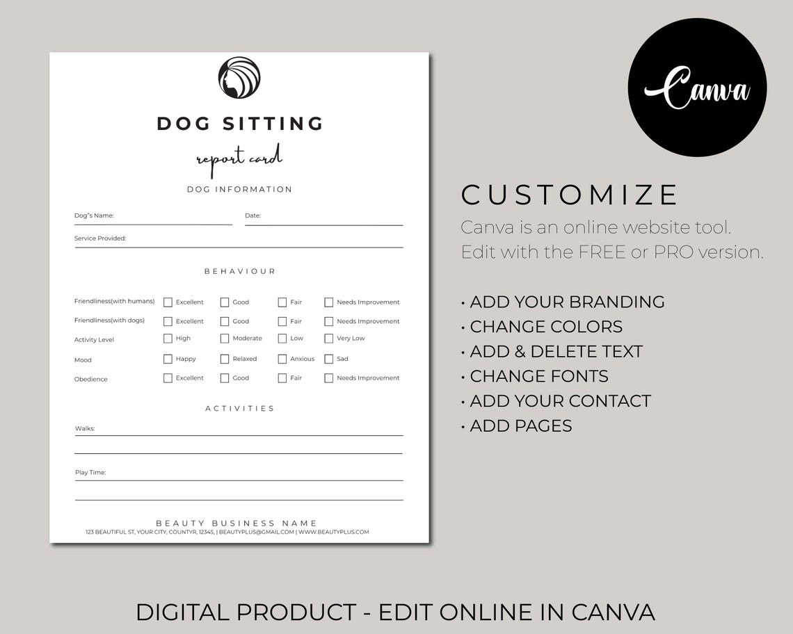 Editable Dog Report Card, Pet Report Card, Pet Sitting Report, Dog ...