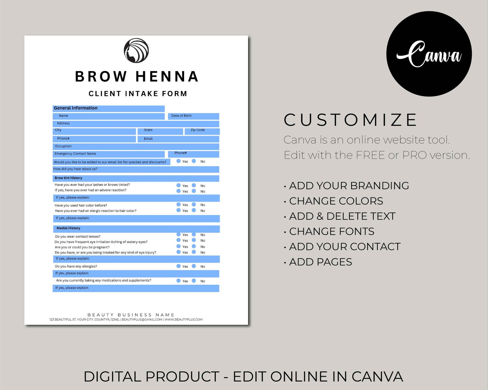 Editable Henna Brow Consent Form Template, Henna Brow Tint Intake Form ...
