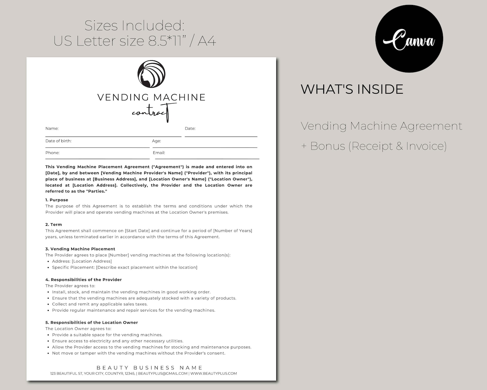 Professional Vending Machine Contract Template, Editable in Canva ...