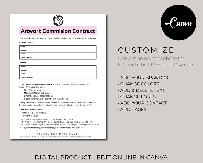 Artist Commission Contract, Customizable and Printable Agreement for ...