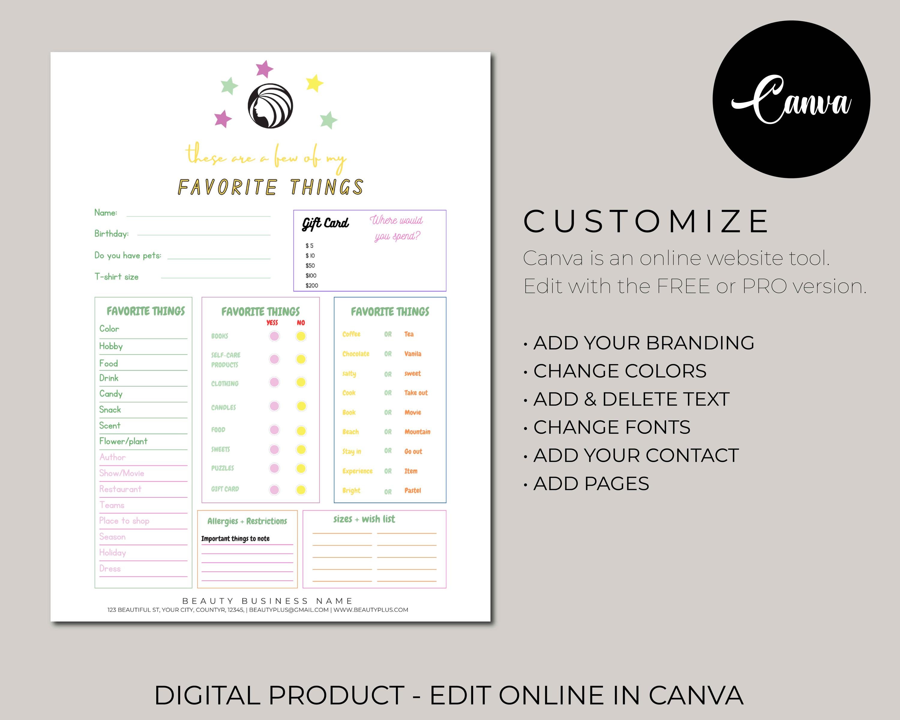 Editable My Favorite Things List, Employee Favorite Things Survey ...