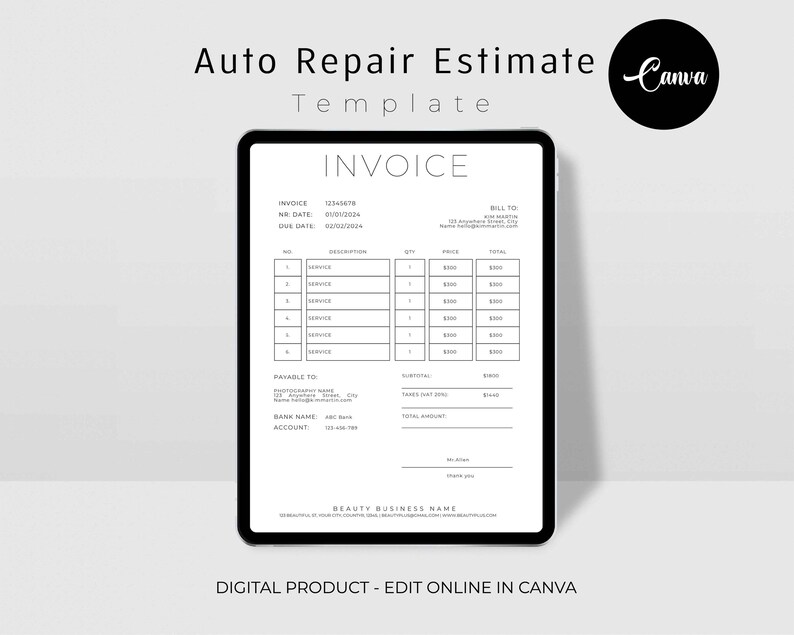 Editable Auto Body Repair Estimate Template, Canva Forms, Auto Repair ...