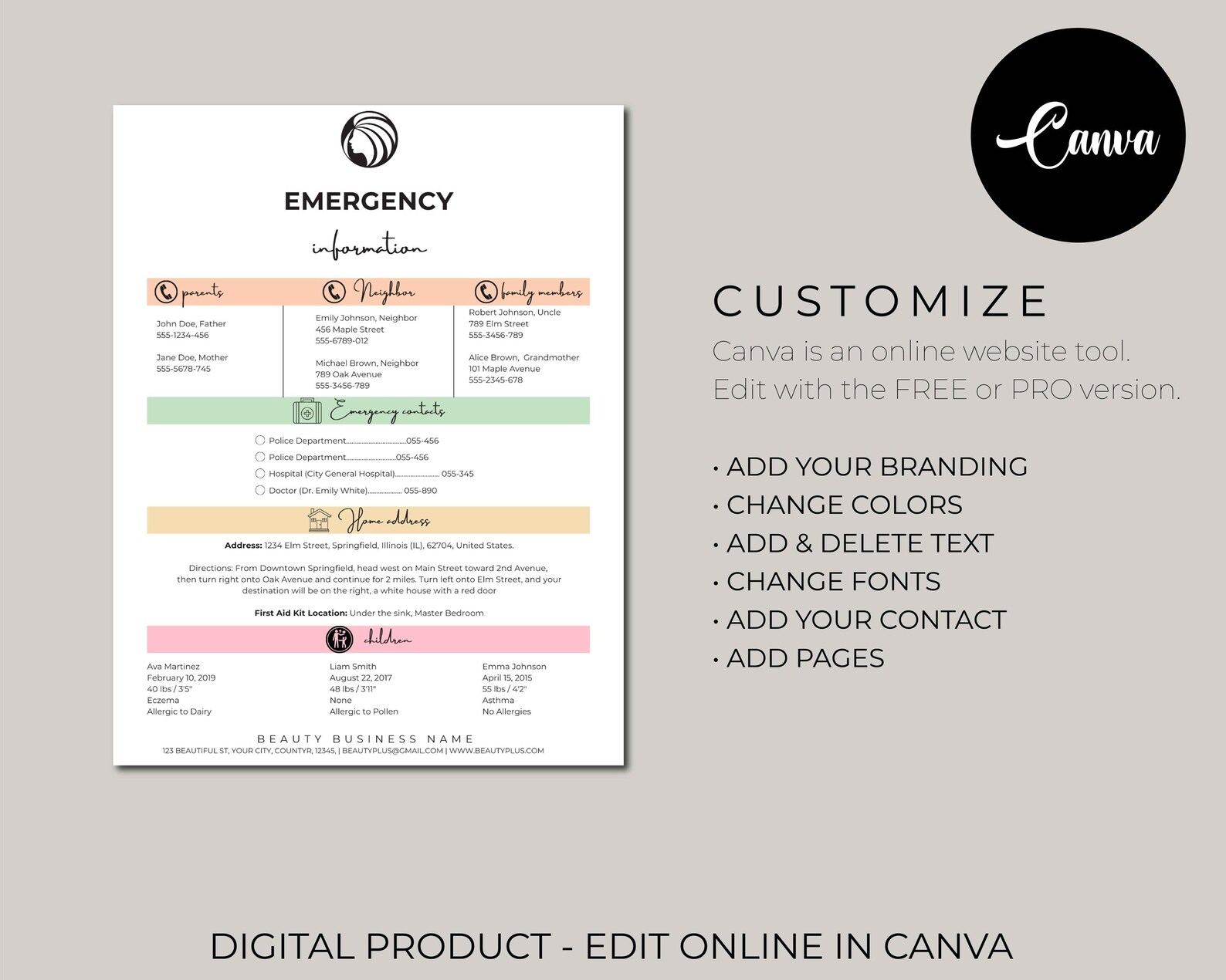 Emergency Information Sheet, Babysitting Printable Babysitter Notes ...