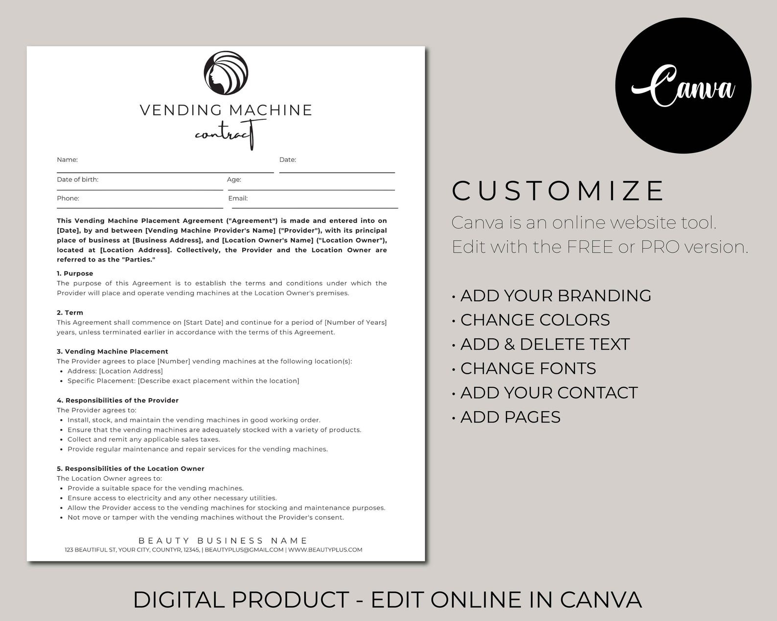 Professional Vending Machine Contract Template, Editable in Canva ...