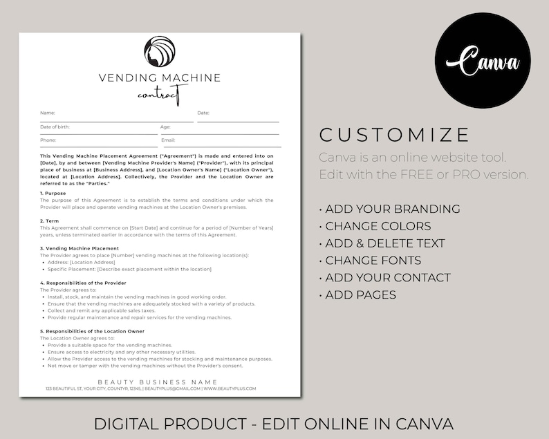 Professional Vending Machine Contract Template, Editable in Canva ...