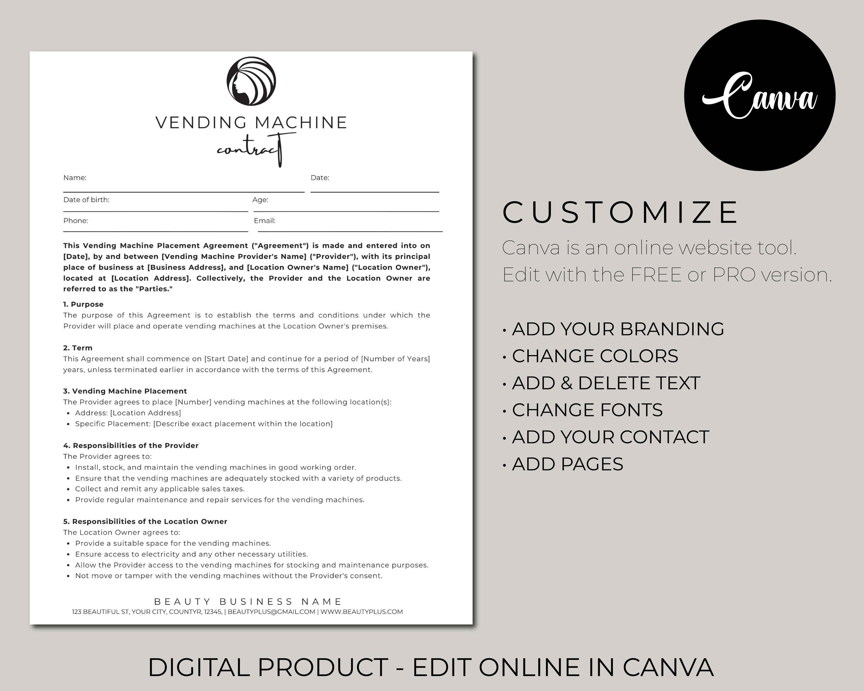 Professional Vending Machine Contract Template, Editable in Canva ...