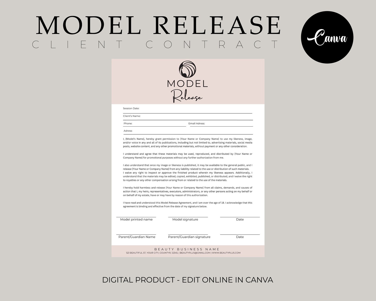 Model Release Form Template, Minor Model Release Form, Canva Template ...