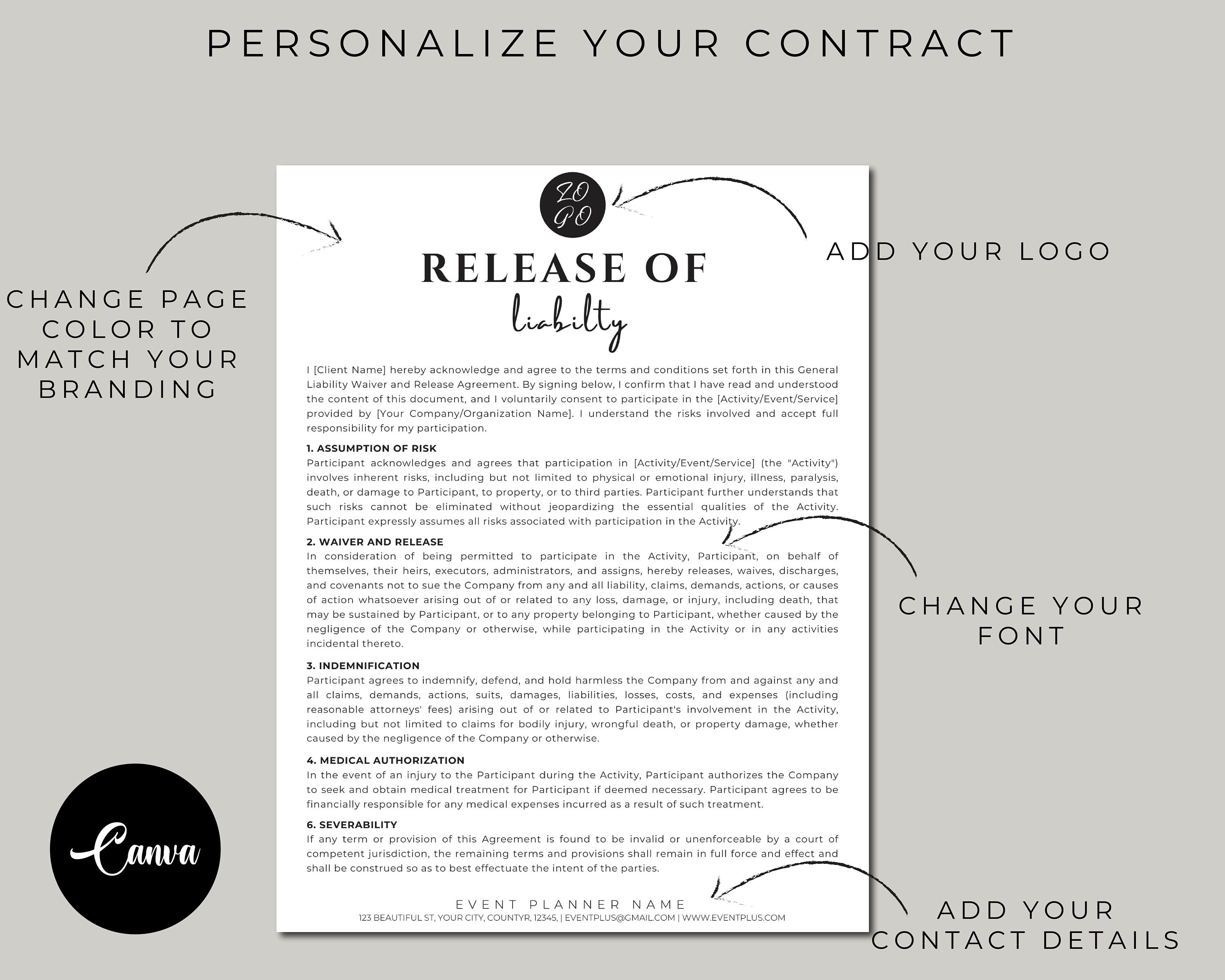 General Liability Waiver Template, Liability Form Agreement, Liability ...