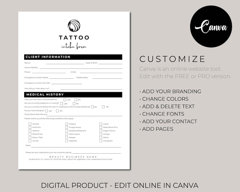 Tattoo Artist Forms Bundle - Editable, Tattoo Artist Business Forms ...