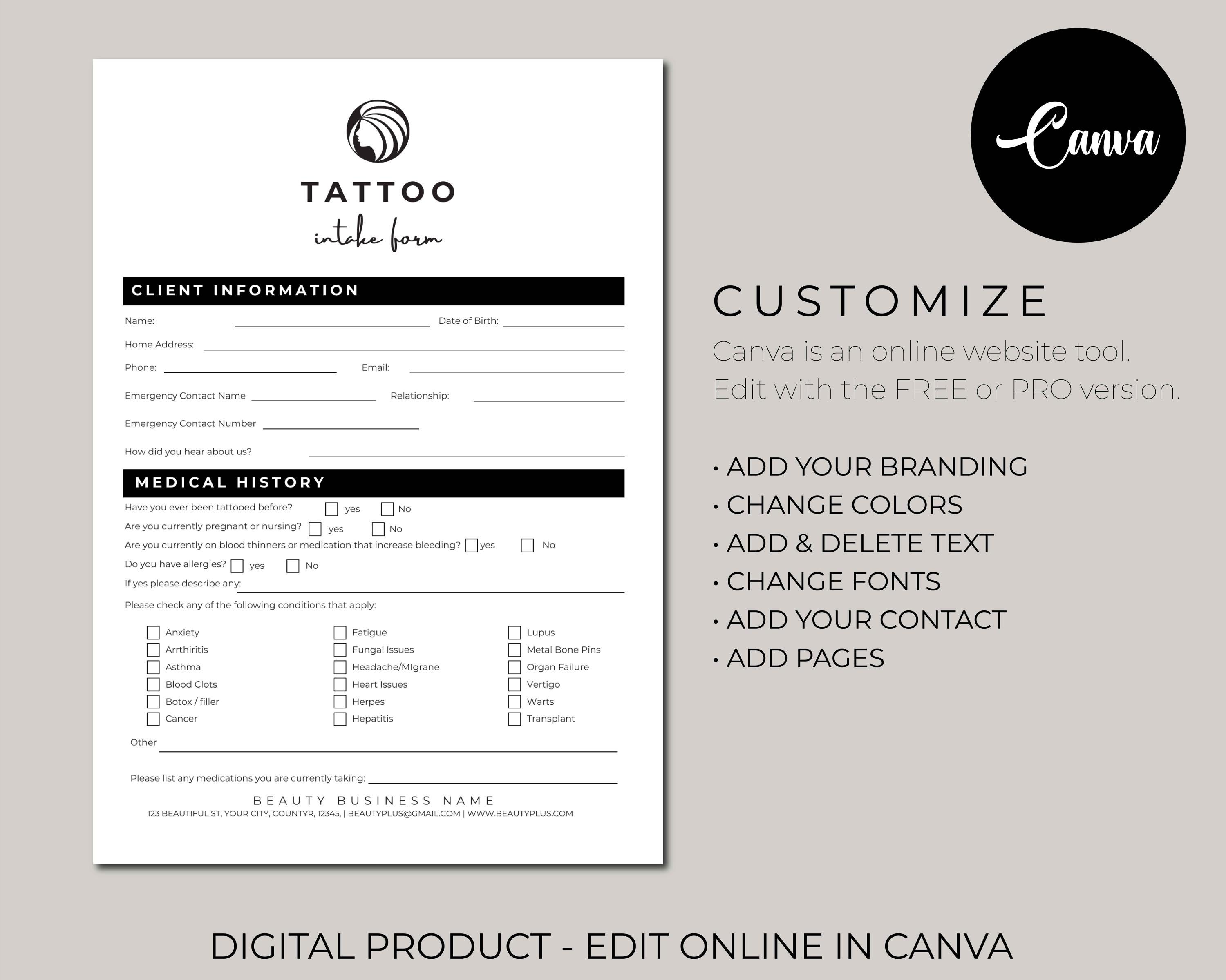 Tattoo Artist Forms Bundle - Editable, Tattoo Artist Business Forms ...