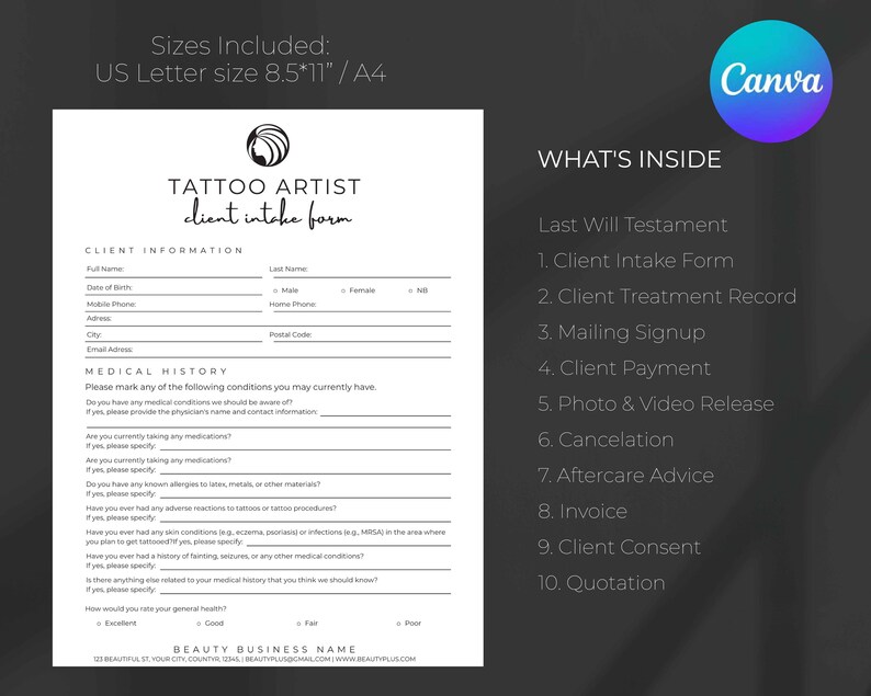 Editable!, Tattoo Artist Forms Bundle, Tattoo Consent Form, Tattoo ...