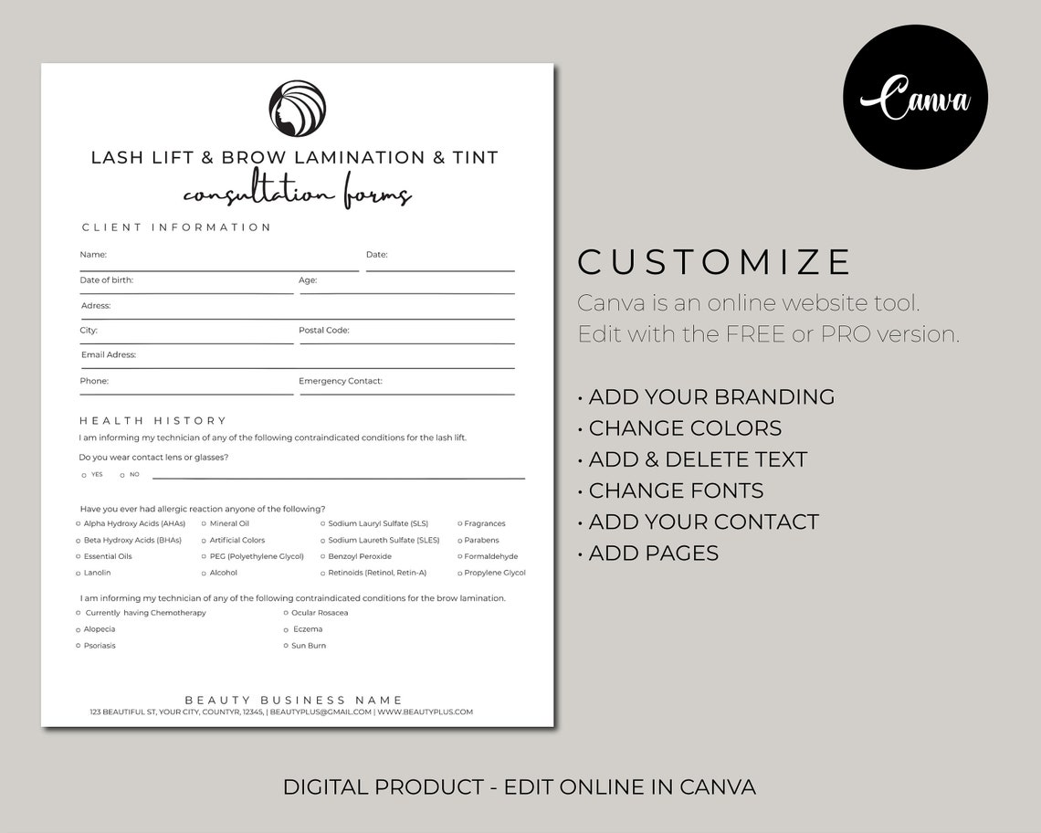 Editable Lash Lift and Brow Lamination Templates, Lash Intake and ...