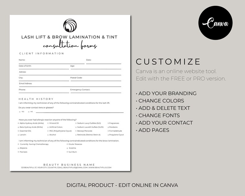 Editable Lash Lift and Brow Lamination Templates, Lash Intake and ...