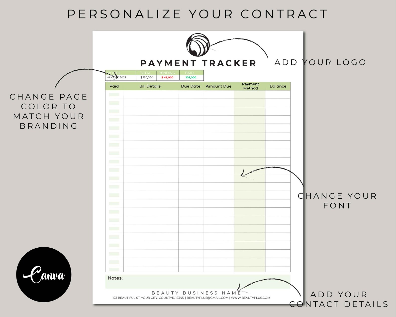 Payment Tracker Canva Template, Printable Client Payment History ...
