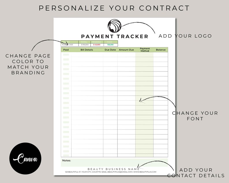 Payment Tracker Canva Template, Printable Client Payment History ...