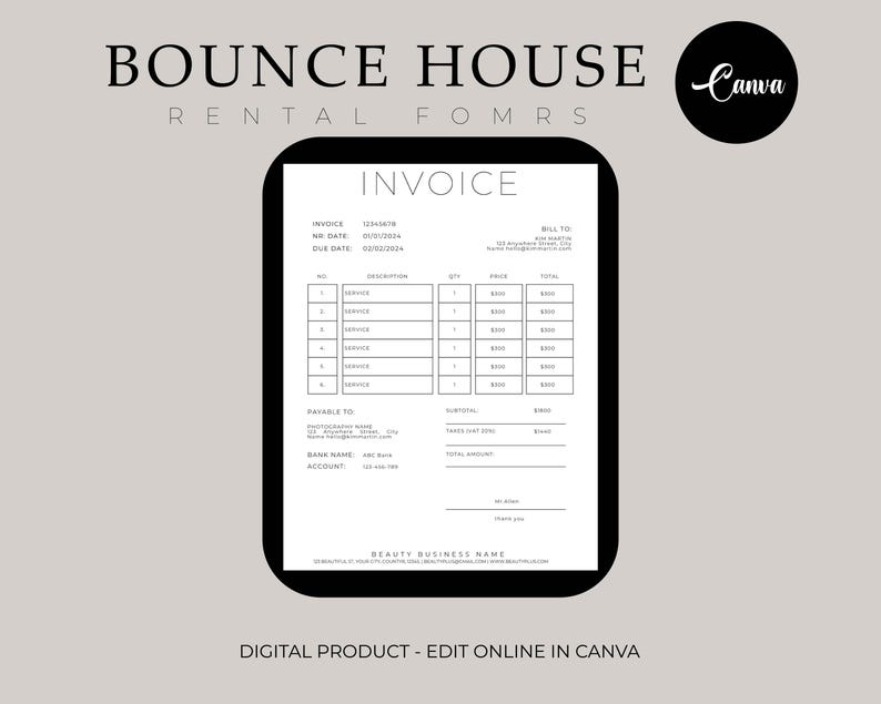 Bounce House Rental Contract Agreement Template, Invoice, Receipts, Editable/printable ...