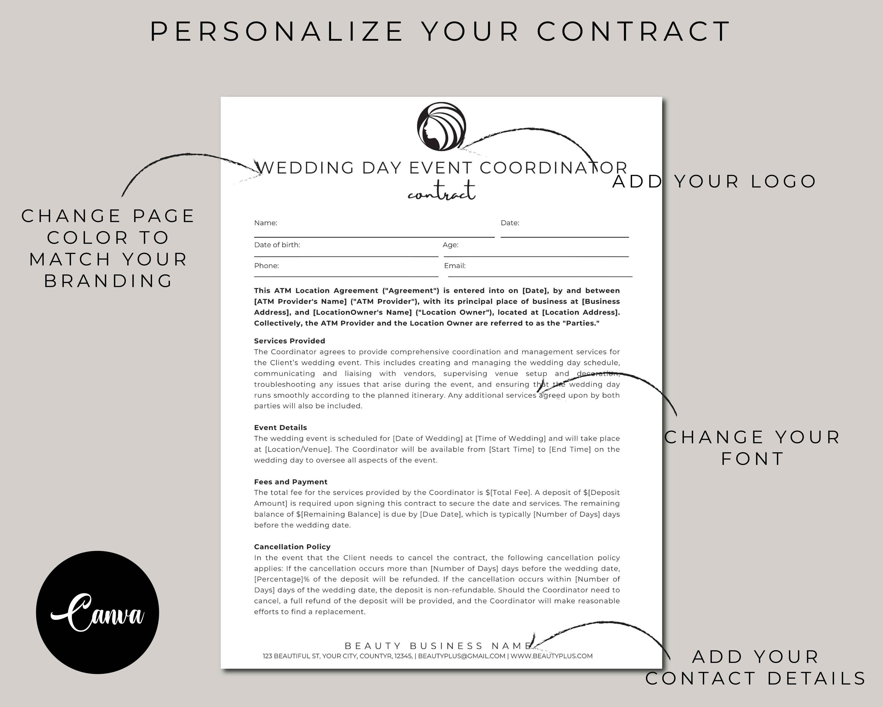 Wedding Day Event Coordinator Contract, Editable Event Coordinator ...