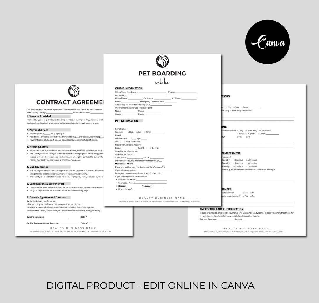 Pet Boarding Intake Form, Pet Boarding Business Intake Forms, Pet ...