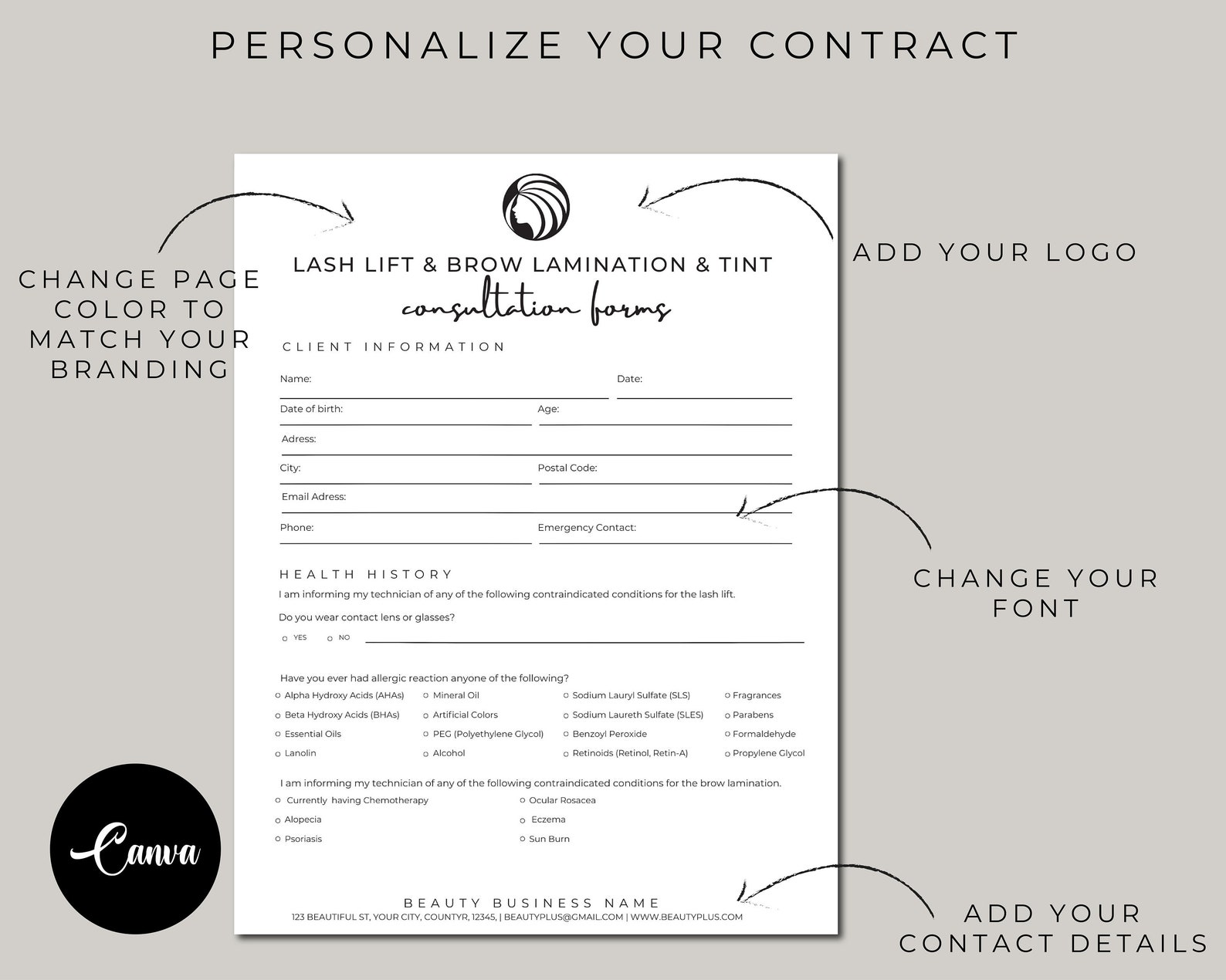 Editable Lash Lift and Brow Lamination Templates, Lash Intake and ...