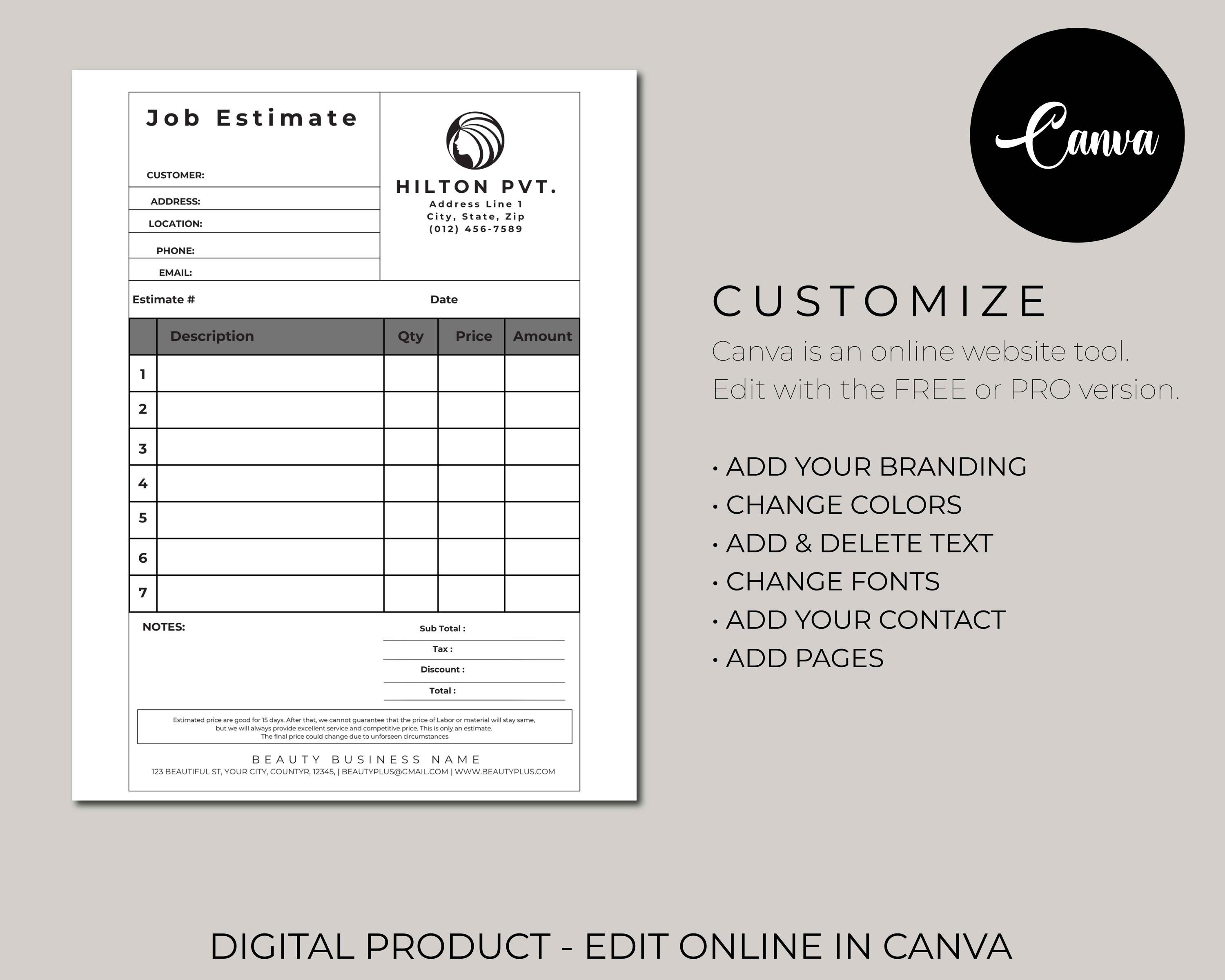 Job Estimate Template, Editable Construction Bid, Painting, Printable ...