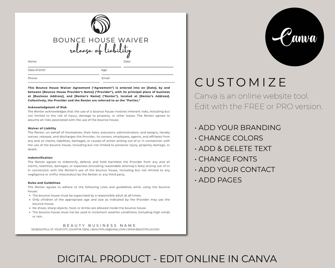 Bounce House Waiver Forms, Editable and Printable, Release of Liability ...