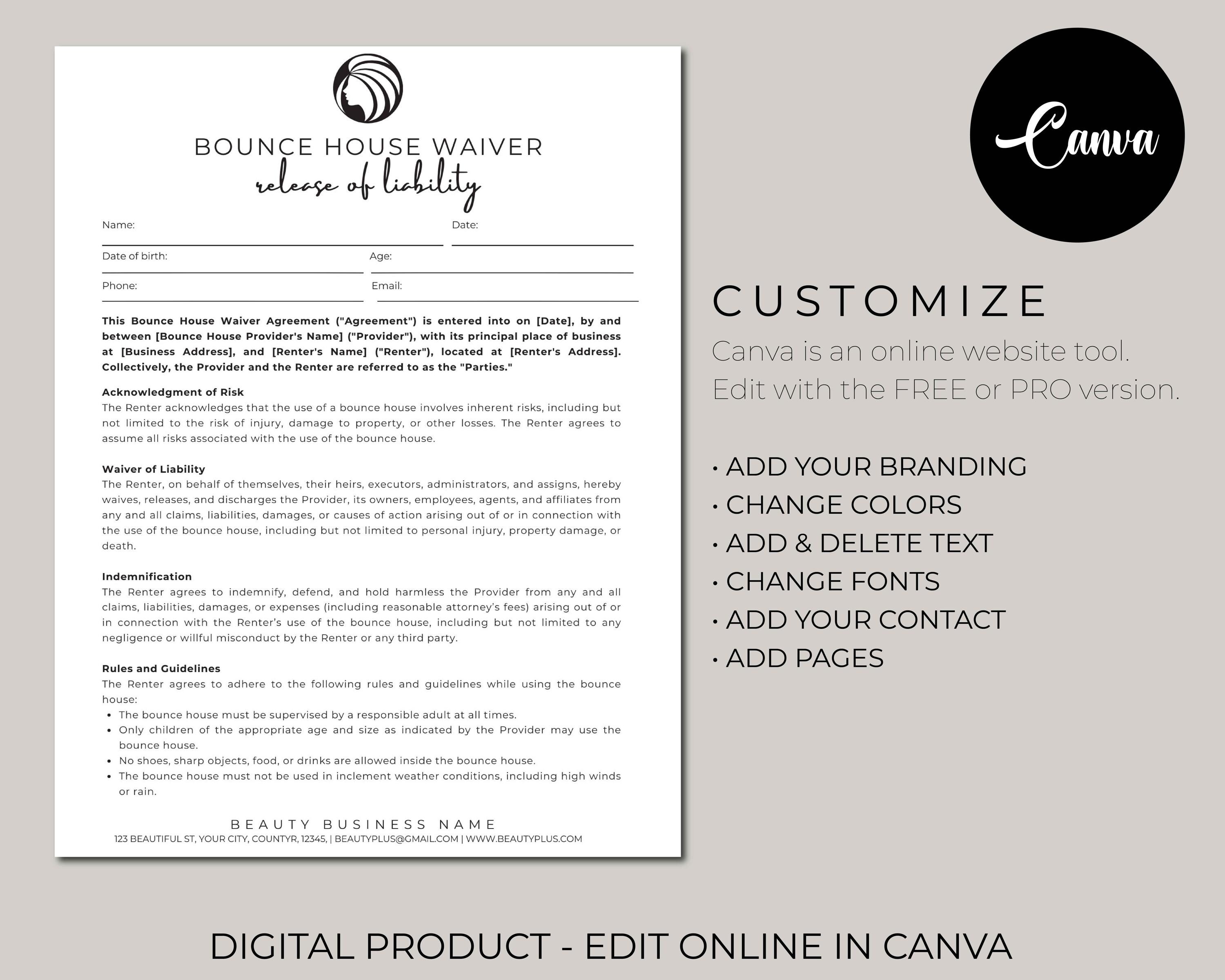 Bounce House Waiver Forms, Editable and Printable, Release of Liability ...