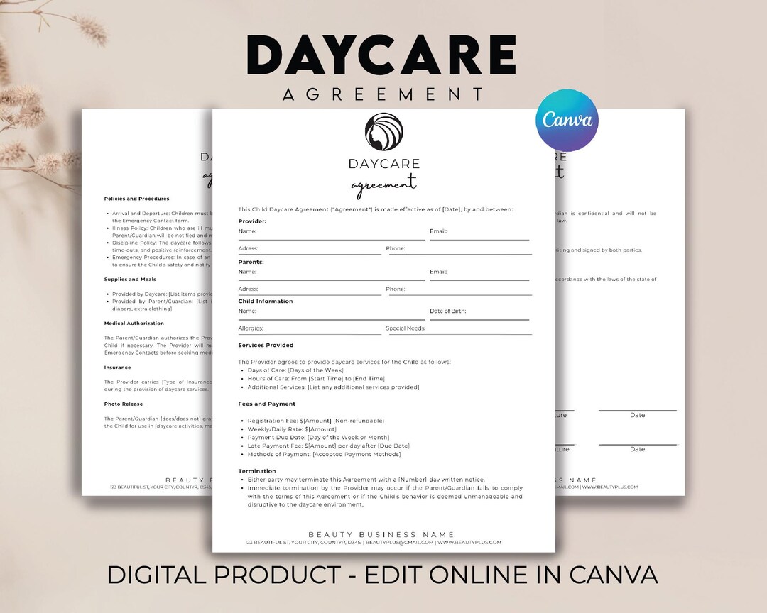 Day-care Contract Template, Daycare Forms, Childcare Agreement Forms ...