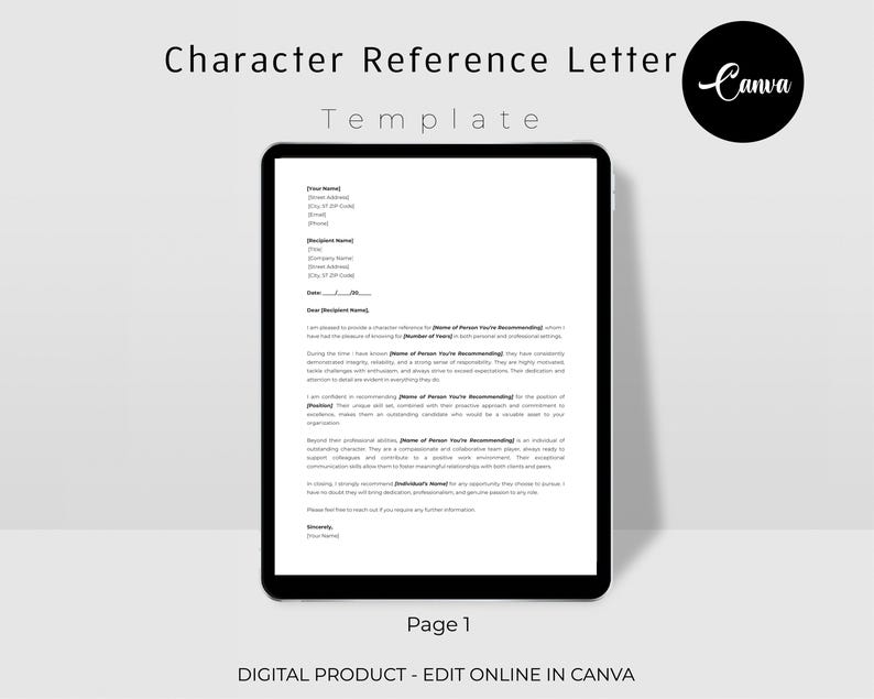 Professional Character Reference Letter, Editable Character ...