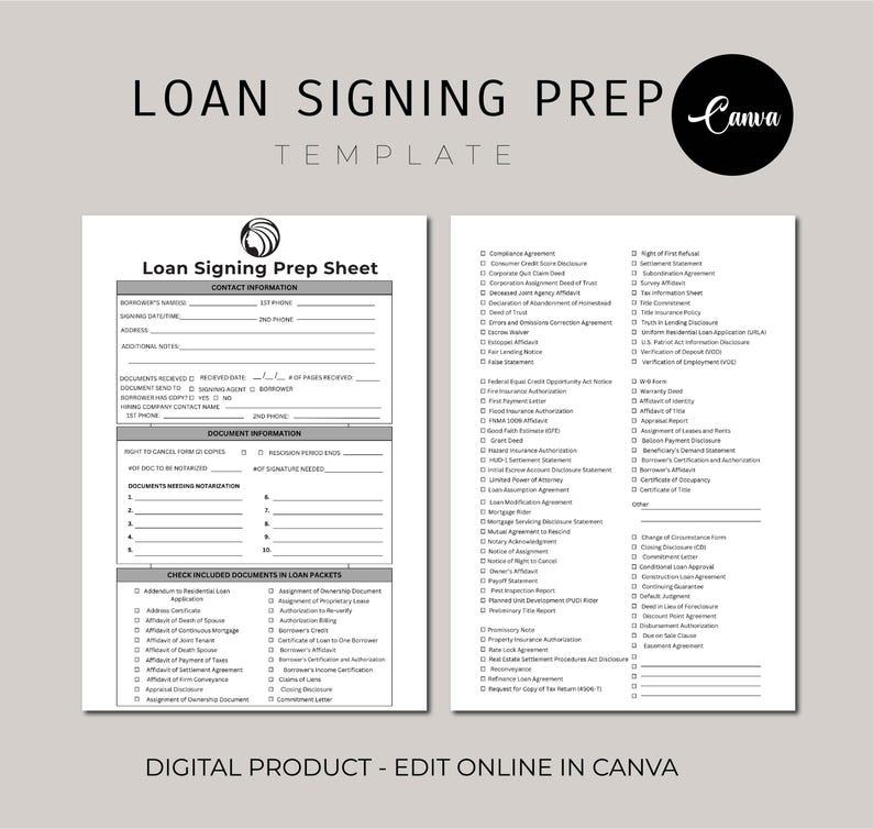 Printable Notary Loan Signing, Agent Signing Prep Sheet, Intake Form ...