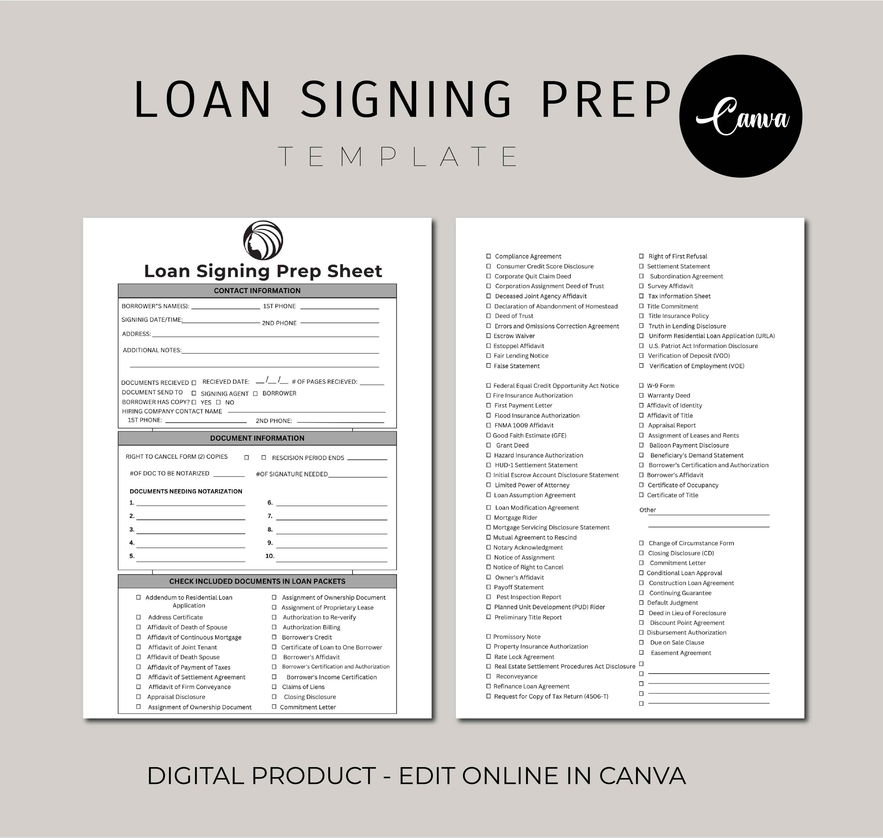 Printable Notary Loan Signing, Agent Signing Prep Sheet, Intake Form ...