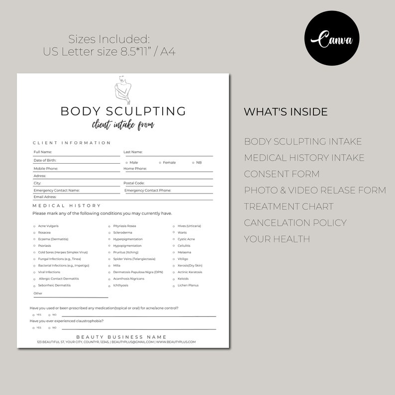 Body Sculpting Intake Forms, Esthetician Templates, Body Contouring ...