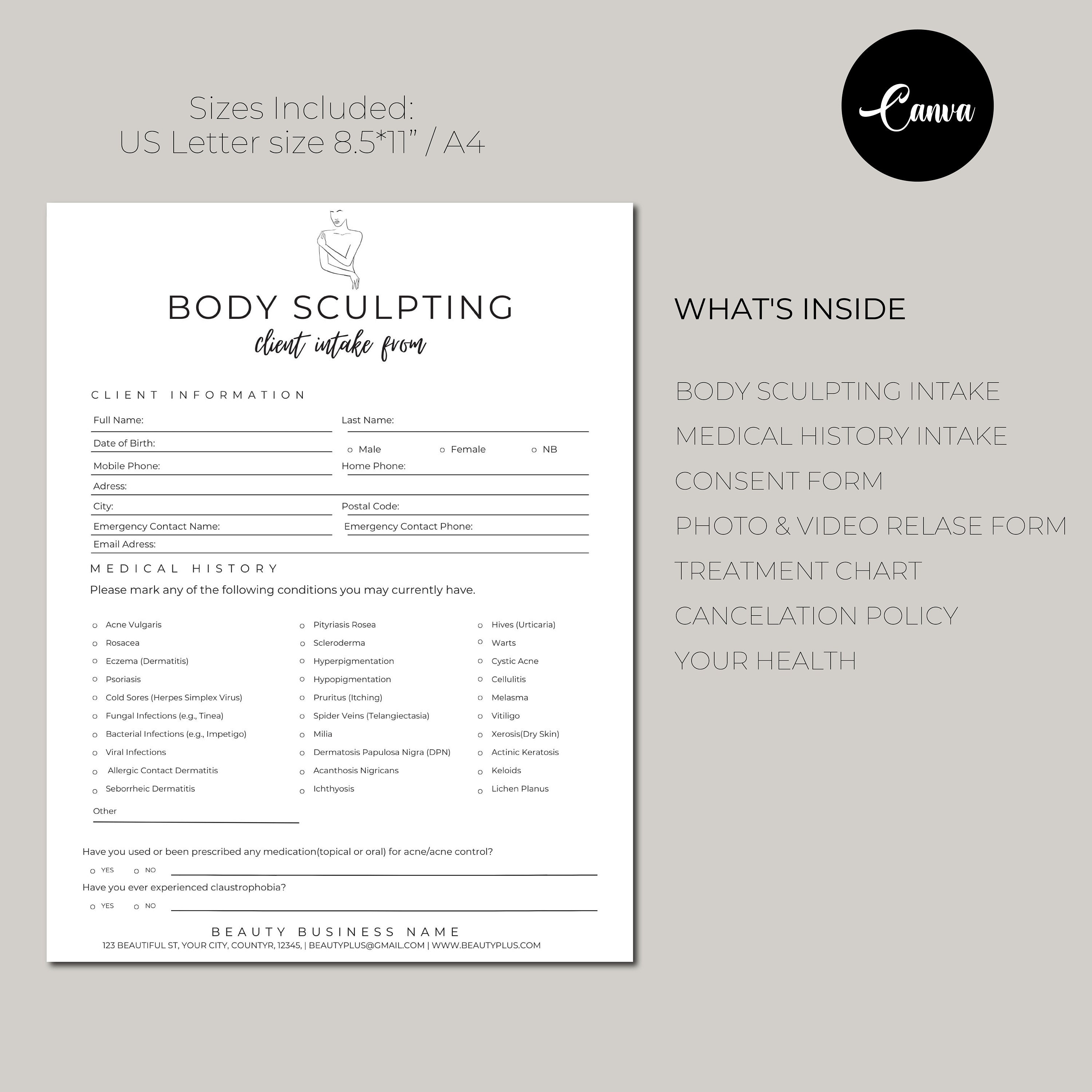 Body Sculpting Intake Forms, Esthetician Templates, Body Contouring ...