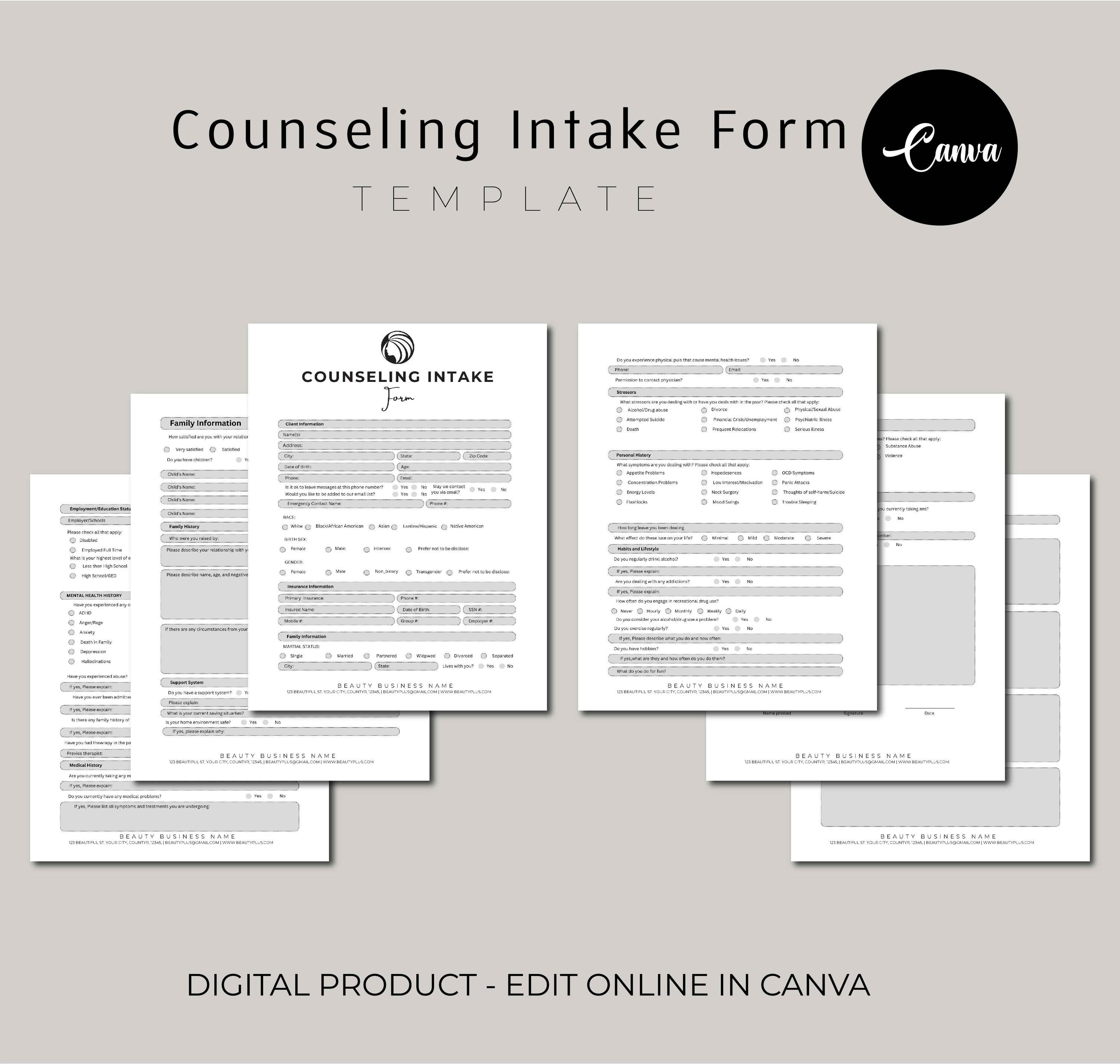 Counseling Intake Form, Mental Health Intake Form Template, Informed ...