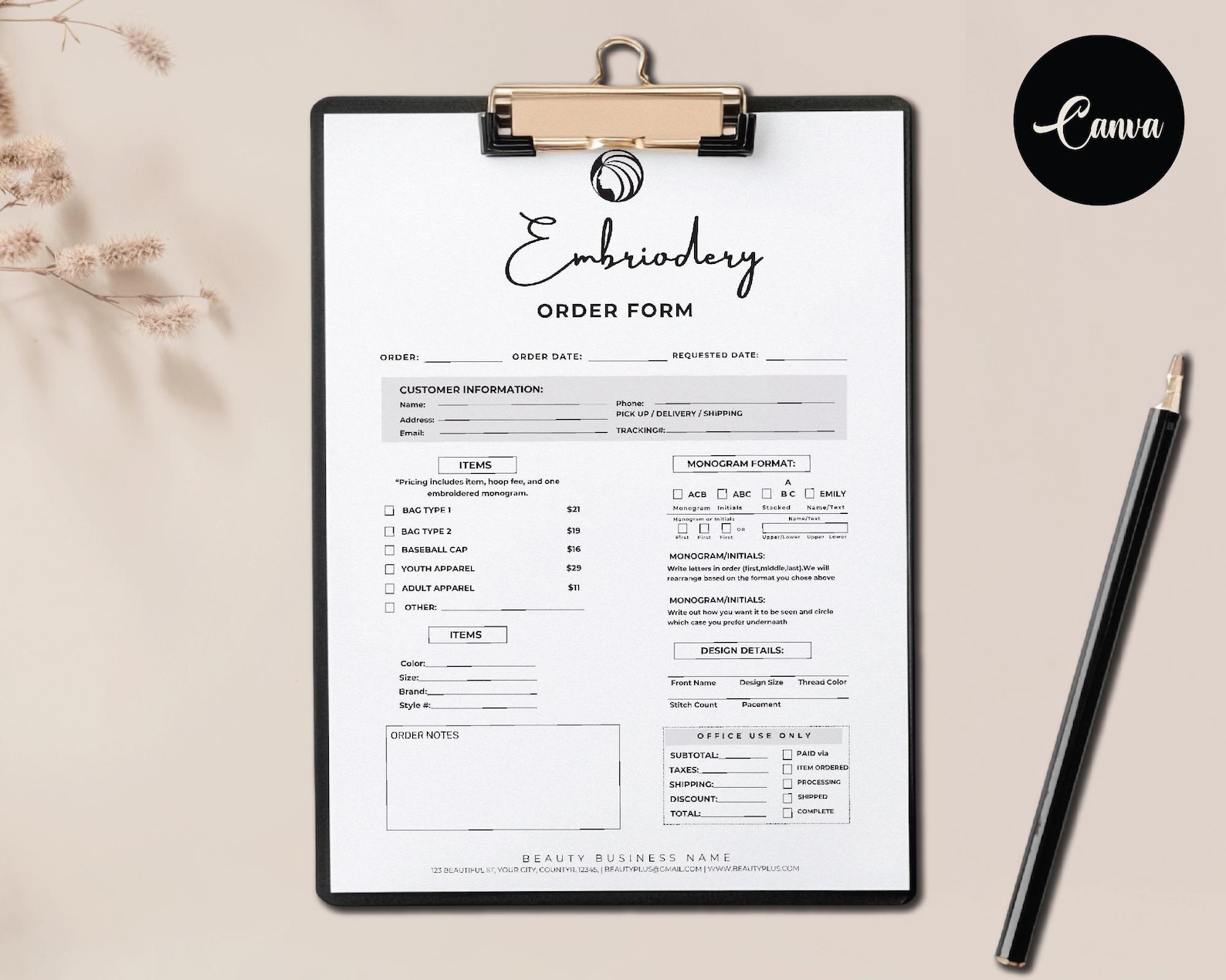 Embroidery Order Form Template, Custom Embroidery Order Form ...