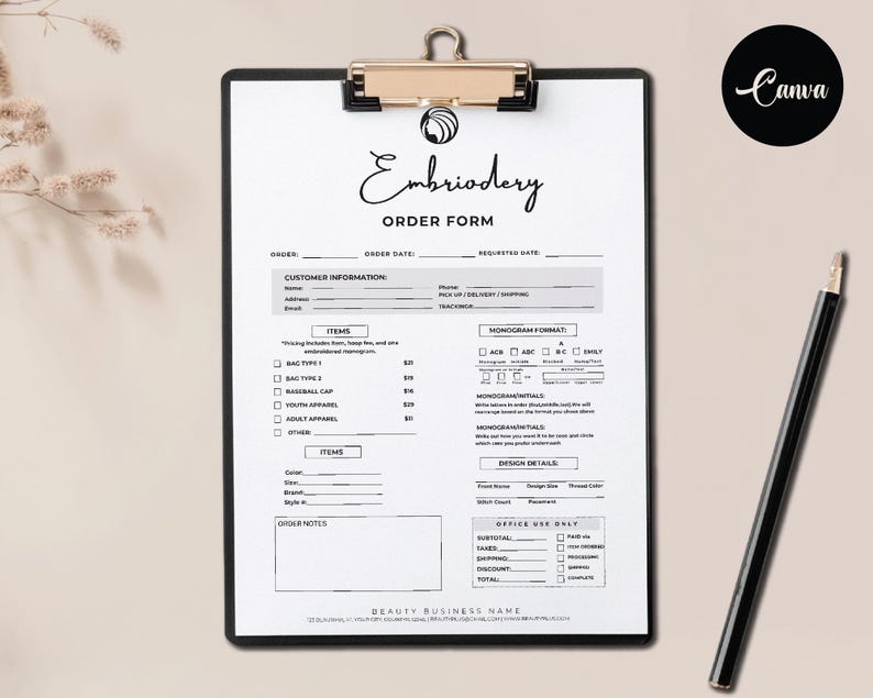 Embroidery Order Form Template, Custom Embroidery Order Form ...