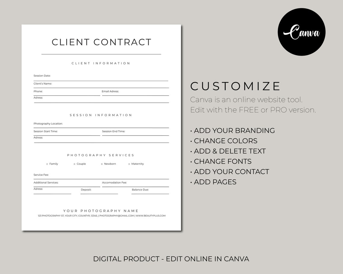 Photography Client Contract Template, Photography Forms, Client ...