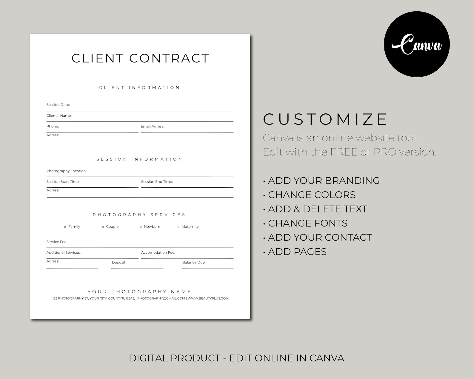 Photography Client Contract Template, Photography Forms, Client ...