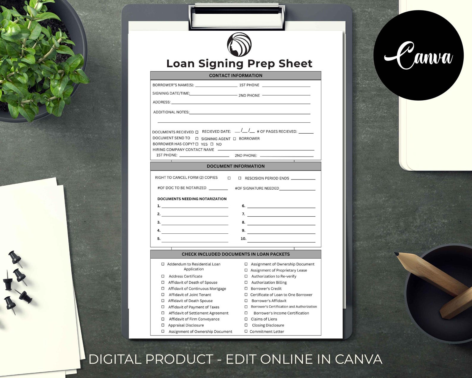 Printable Notary Loan Signing, Agent Signing Prep Sheet, Intake Form ...