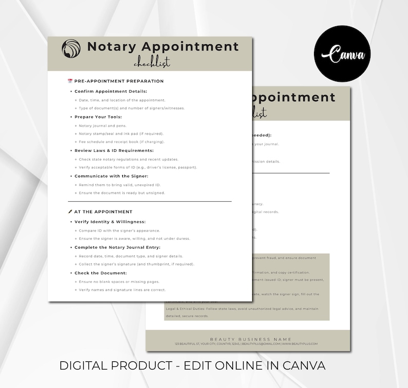 Editable Notary Appointment Checklist, Notary Public Templates, Notary ...