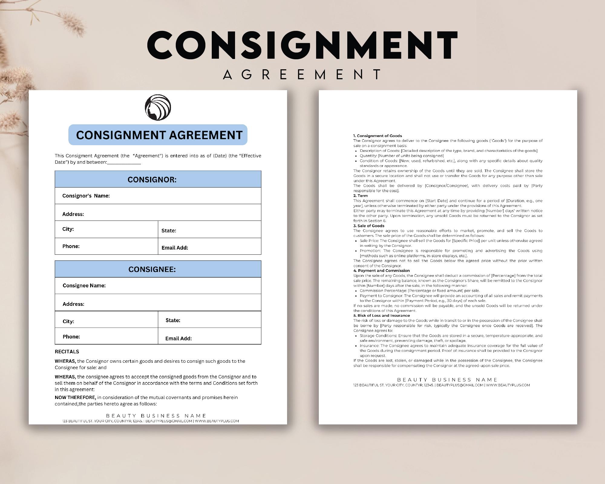 Editable Consignment Agreement, Consignment Store Forms, Product ...