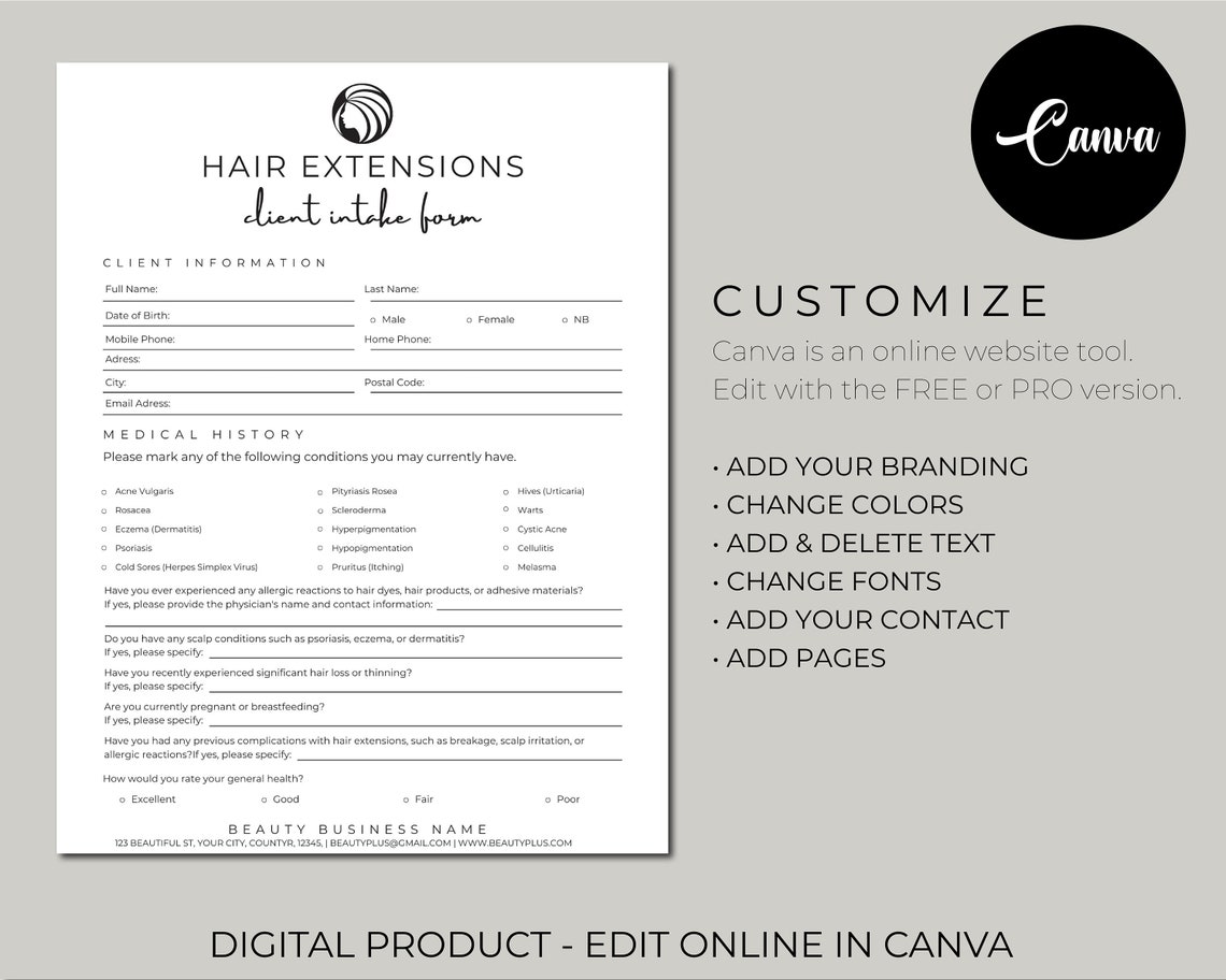 EDITABLE Hair Extensions Contract, Hair Extensions After Care Card ...