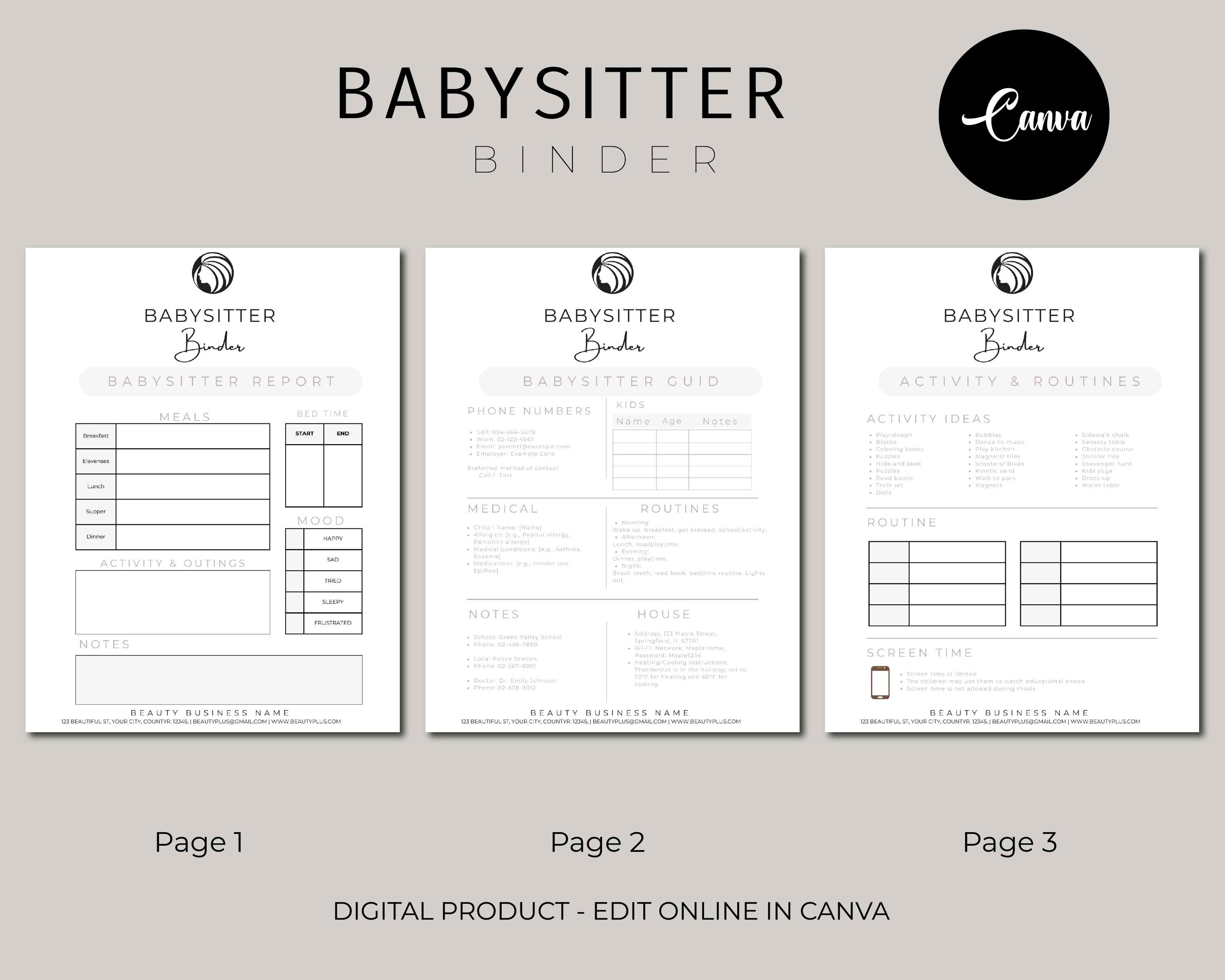 Editable Babysitter Binder, Babysitter Instructions, Infant Log ...