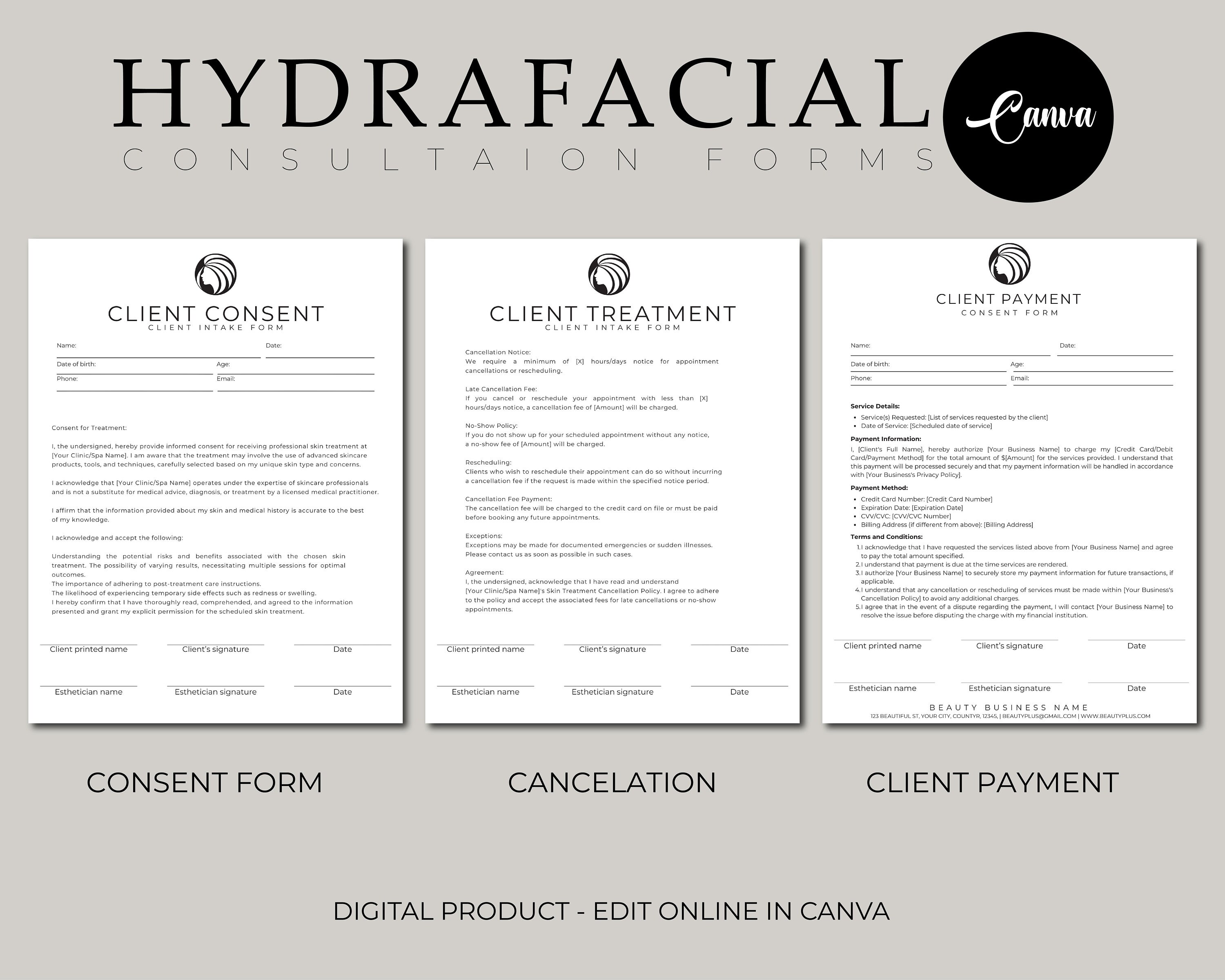 Hydrafacial Consent Form Template, Consent Forms, Editable Hydrafacial Client Intake ...