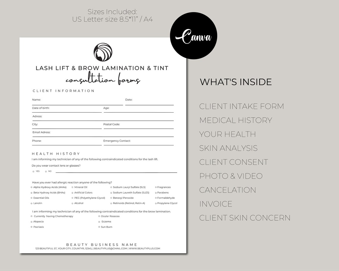 Editable Lash Lift and Brow Lamination Templates, Lash Intake and ...