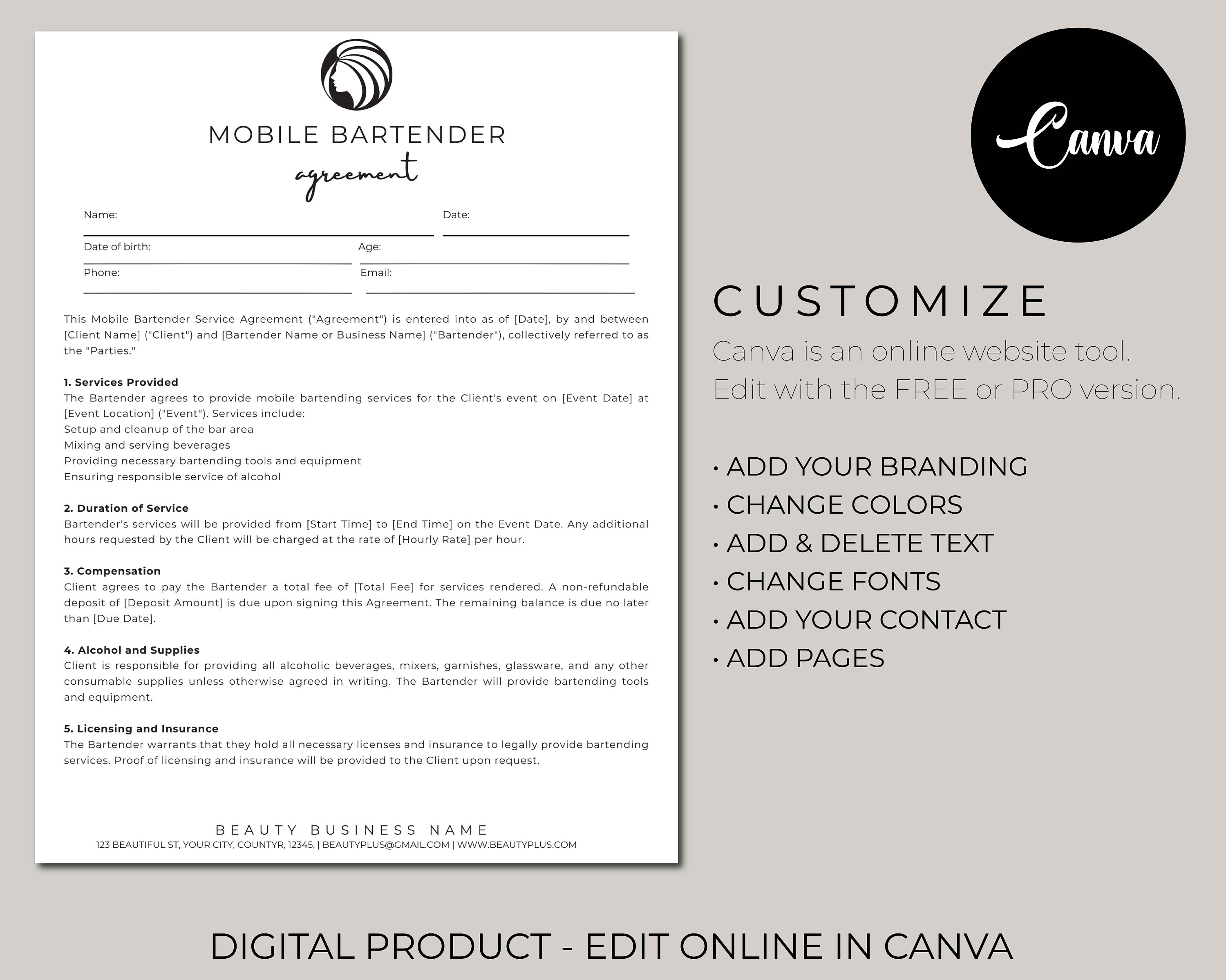 Mobile Bar Contract Template, Mobile Bar Service Contract Minimalist ...