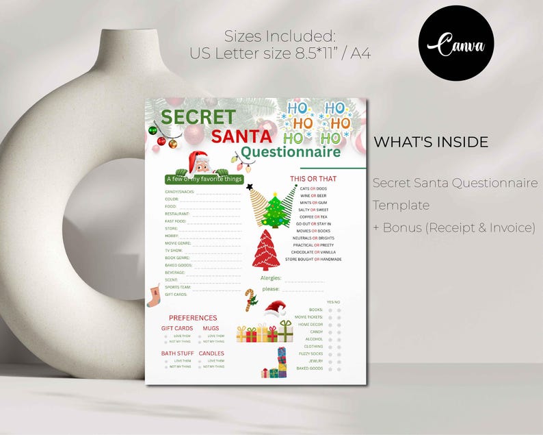 Secret Santa Questionnaire Editable, Canva Santa Questionnaires ...