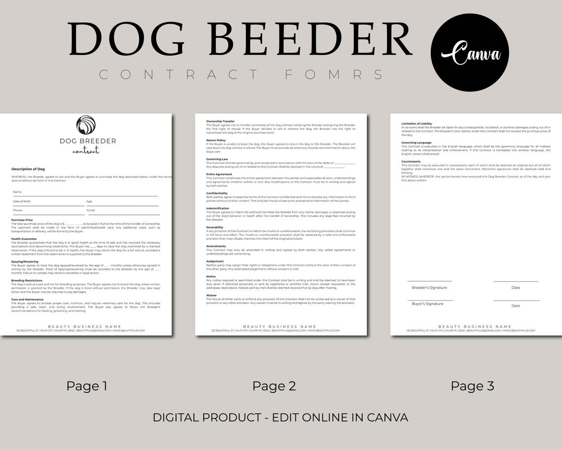 Dog Breeder Contract, Breeder Forms, Puppy Sale Contract, Dog Breeding Agreement, Puppy Deposit ...