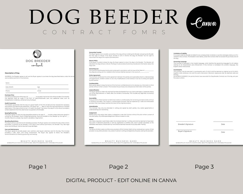 Dog Breeder Contract, Breeder Forms, Puppy Sale Contract, Dog Breeding ...