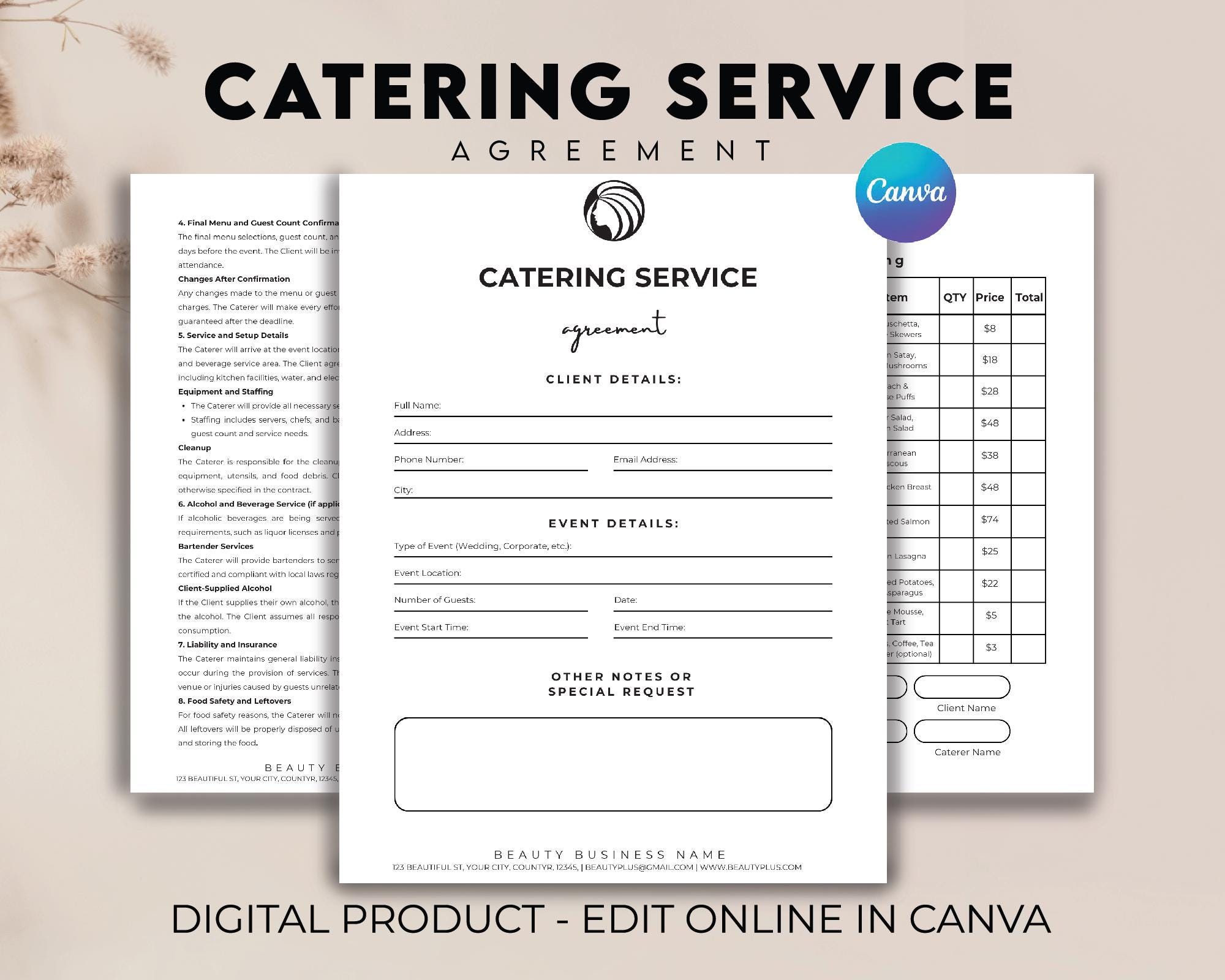 Catering Contract Template, Catering Business Intake Form, Catering ...